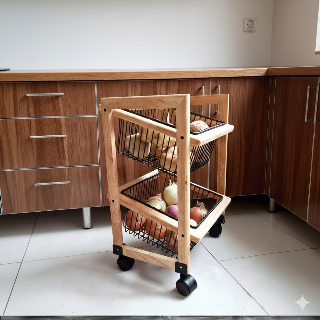 Wooden Frame 2-Tier Rolling Storage Basket – Thermotek